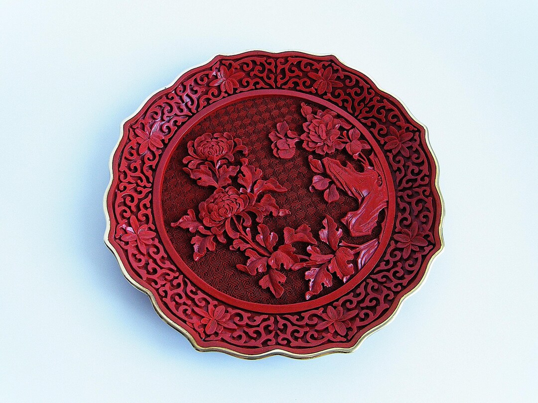 Vintage Cinnabar Plate: Hand Carved Lacquer China Tray - Etsy
