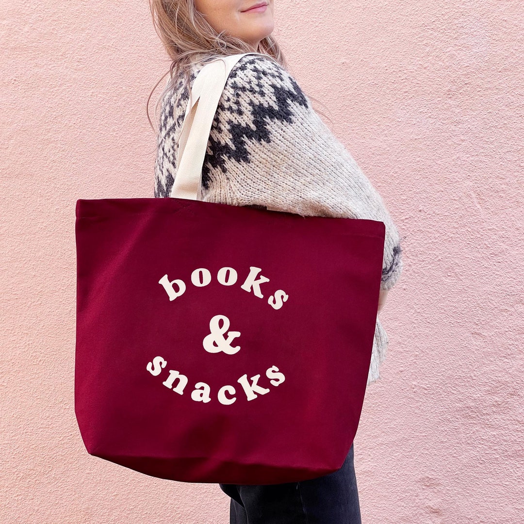 Books & Snacks Canvas Tote Bag | Large Burgundy Canvas Shopper and Tote ...