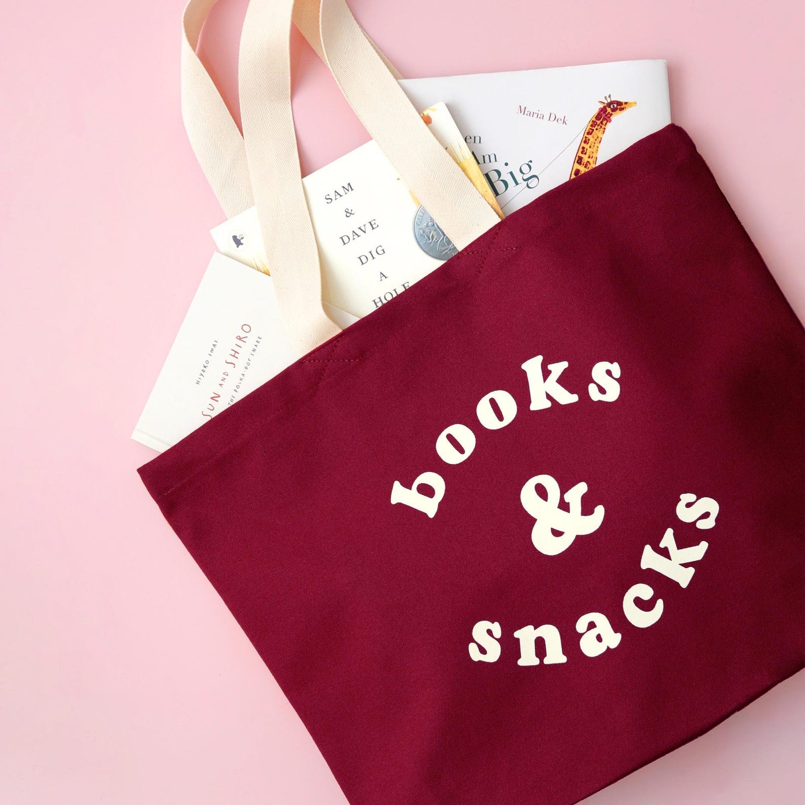 Books & Snacks Canvas Tote Bag | Large Burgundy Canvas Shopper and Tote ...
