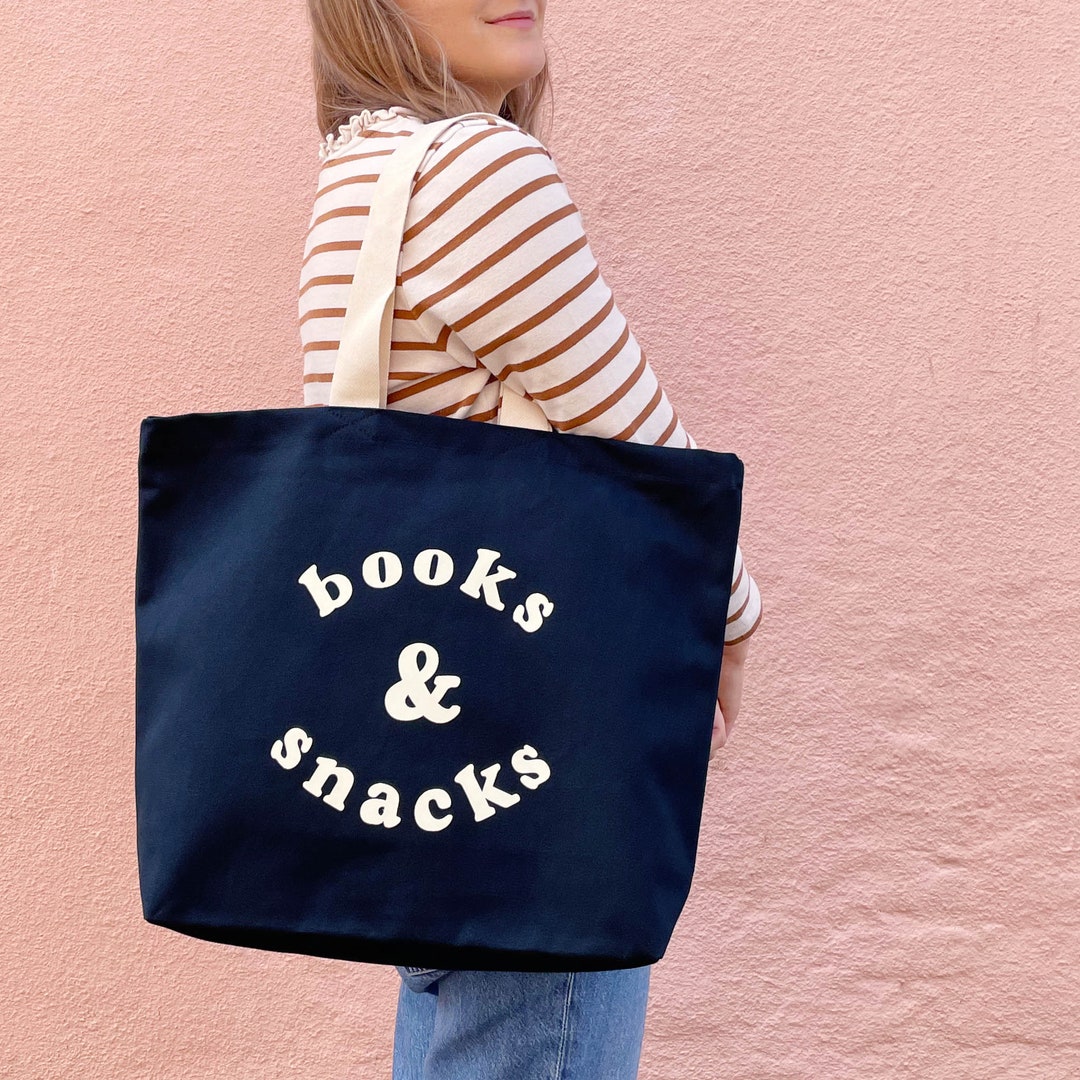 Books & Snacks Canvas Blue Tote Bag | Large Canvas Shopper and Tote Bag ...