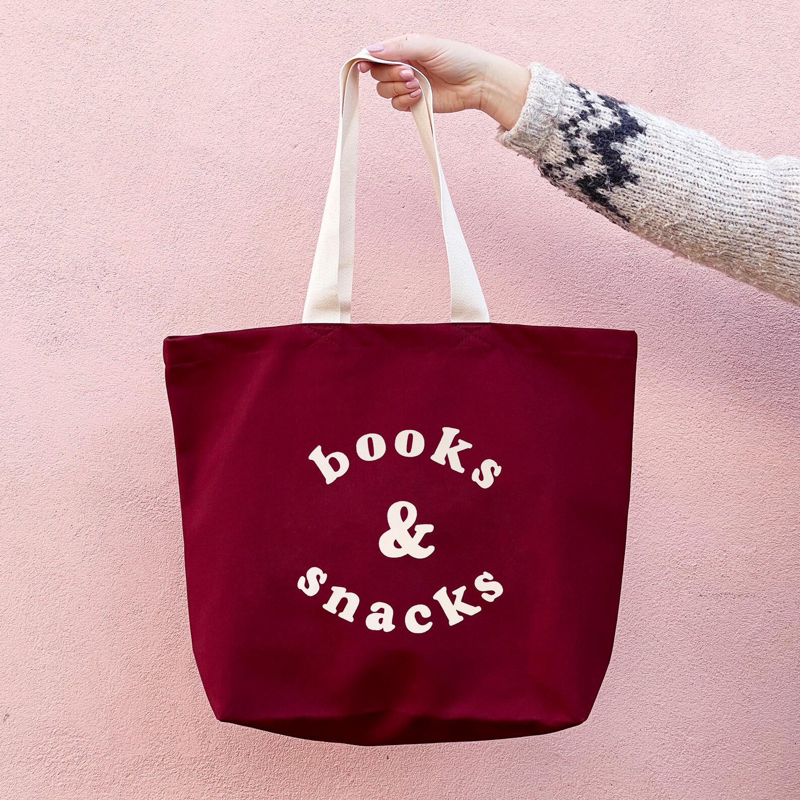 Books & Snacks Canvas Tote Bag | Large Burgundy Canvas Shopper and Tote ...