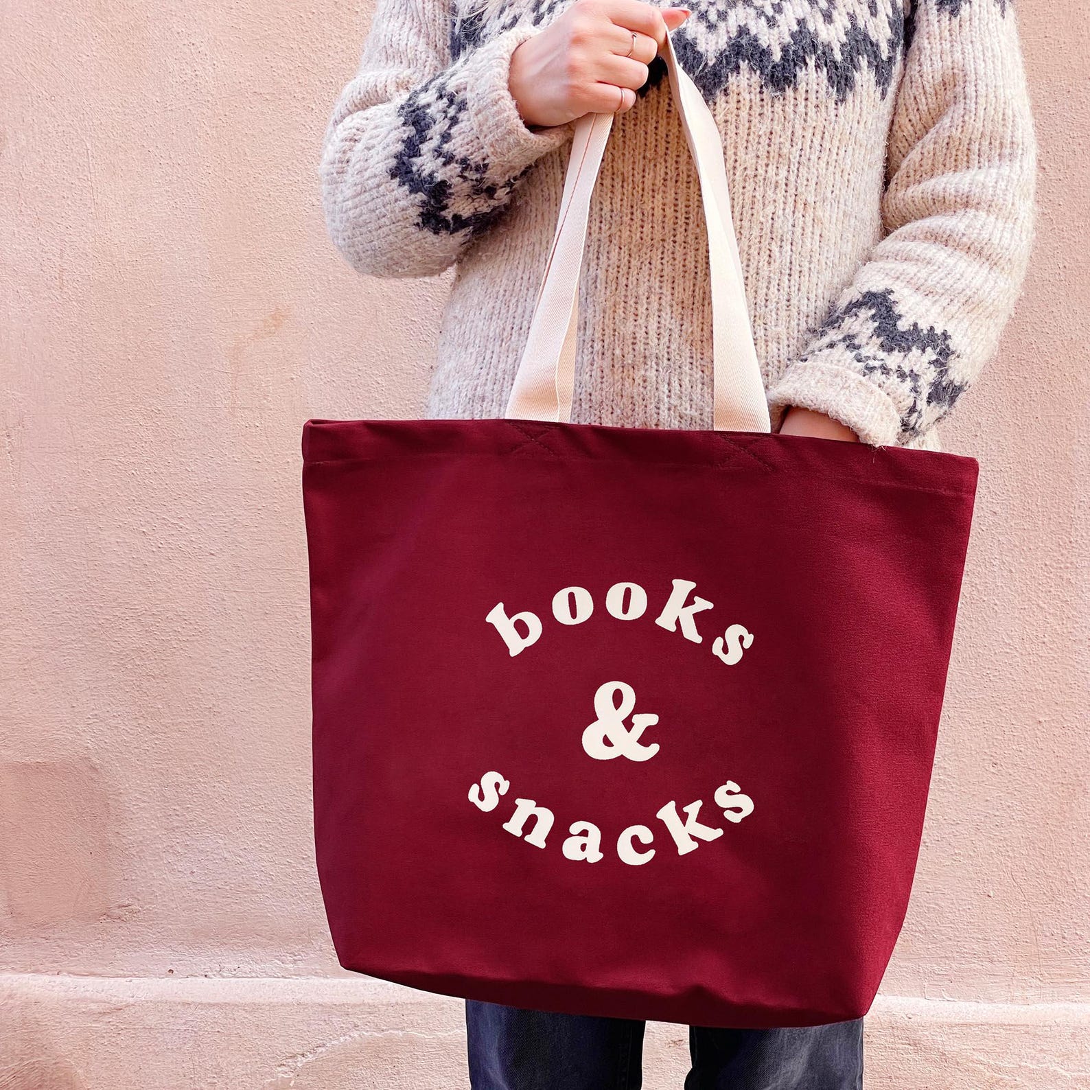 Books & Snacks Canvas Tote Bag | Large Burgundy Canvas Shopper and Tote ...