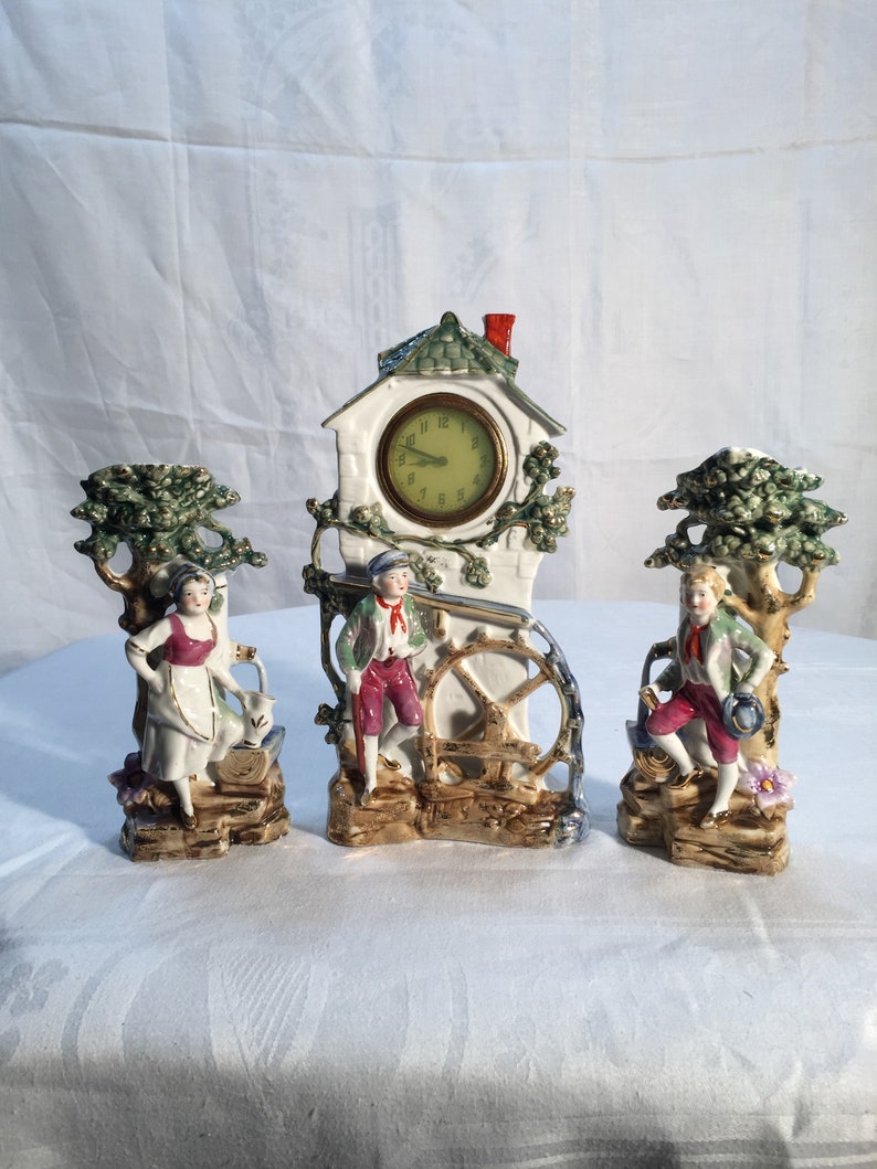 Vintage German Porcelain Mantle Clock with Two Matching Vases | Etsy