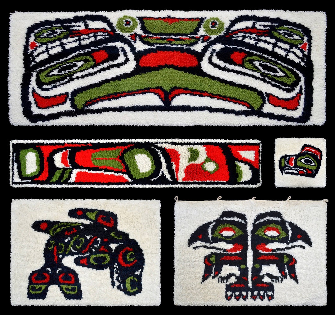 Collection of 5 Vintage 1970s Latch Hook Rugs, Northwest Coast Native ...