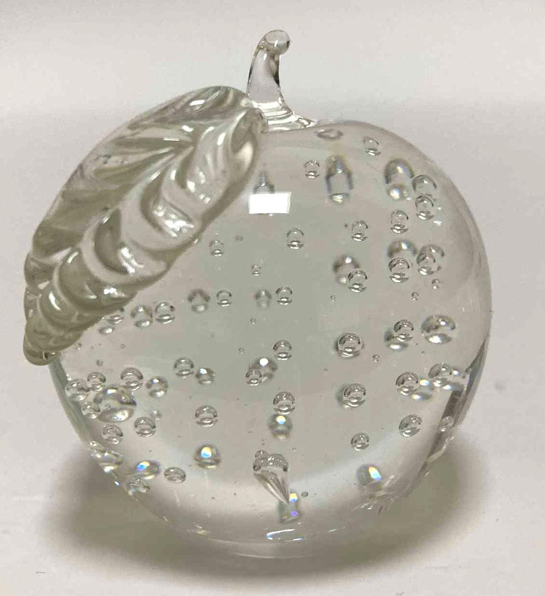 Clear Glass Apple Paperweight With Controlled Bubbles and Leaf Design ...