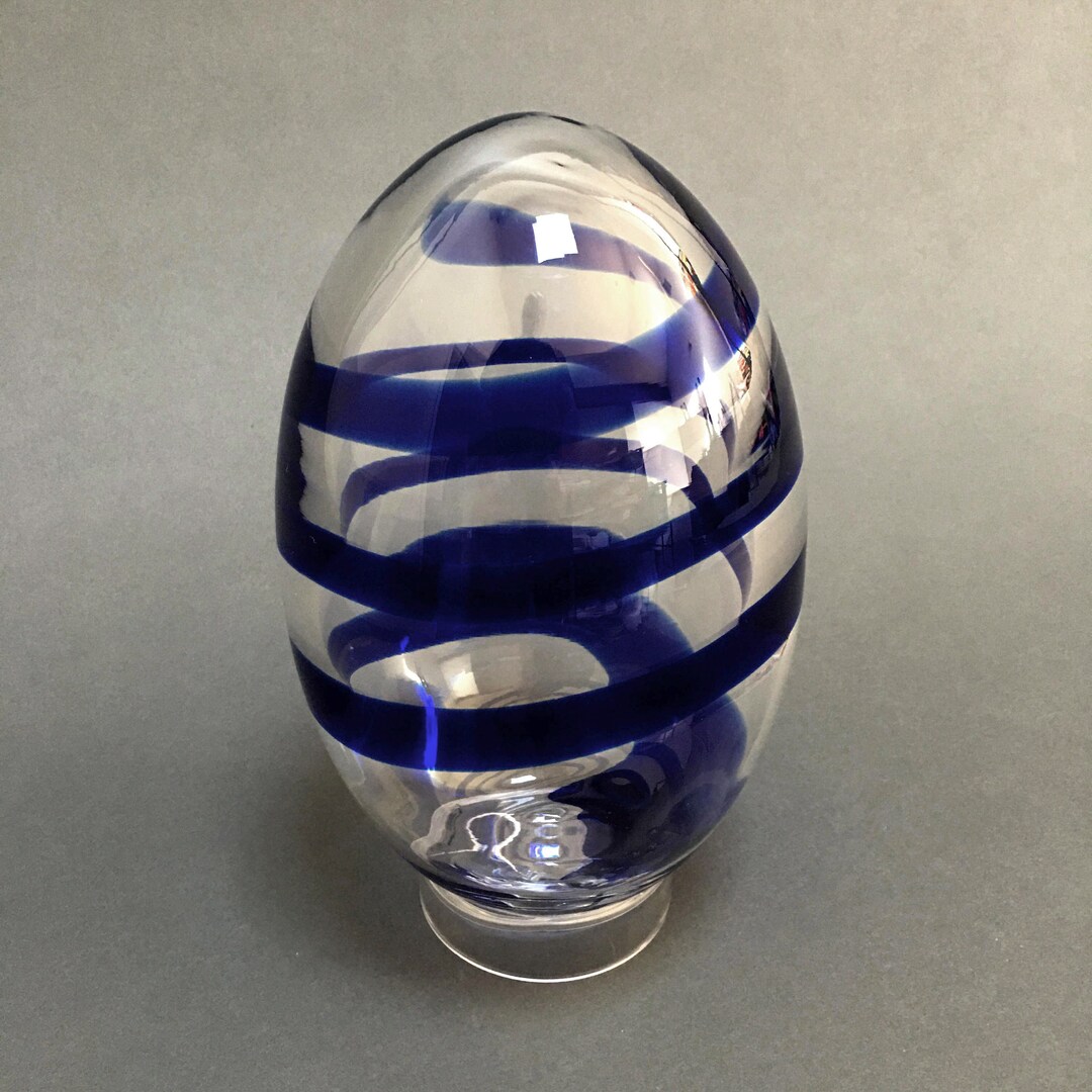 Large Vintage Hand Blown Clear and Cobalt Swirl Glass Egg Sculpture ...