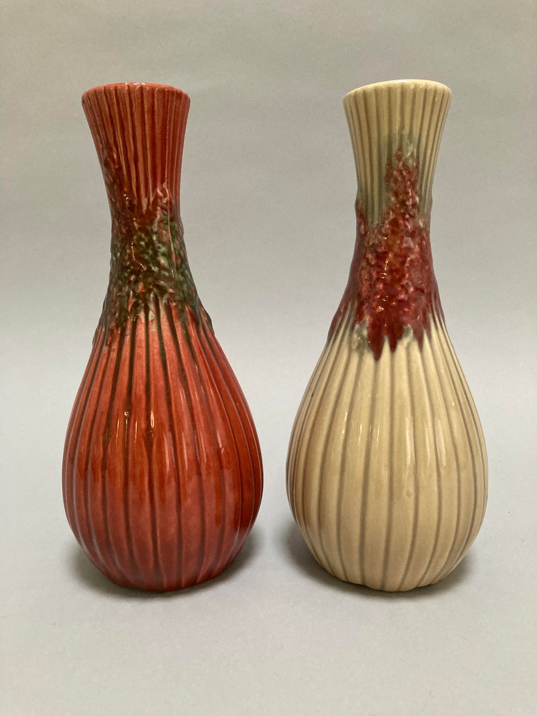 MCM Pottery Vases: Fluted Brutalist Glazed Pair, Tan & Burnt Orange - Etsy