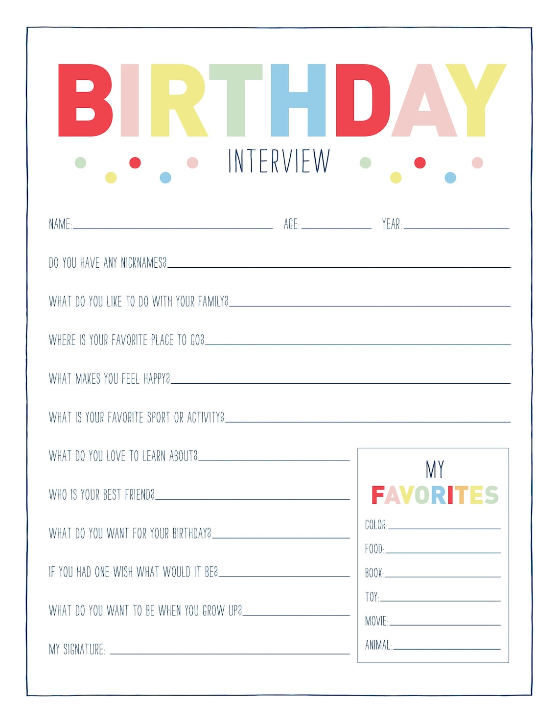Kids Birthday Interview Printable Printable Kids Yearly Annual ...