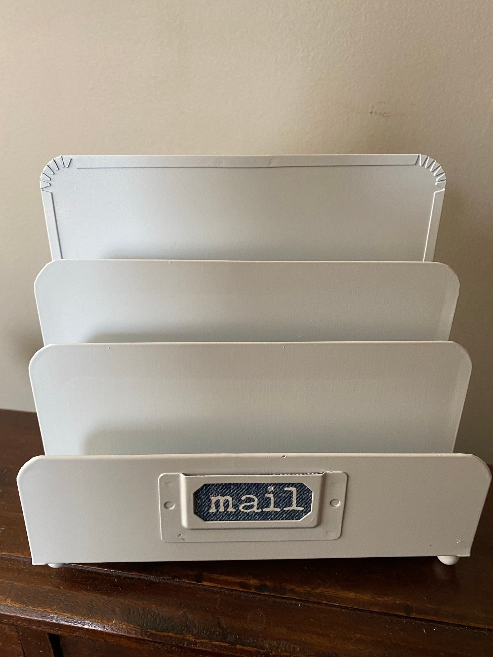 Mail Holder, Small Tin Desk Top Organizer With Denim Fabric Tag and ...