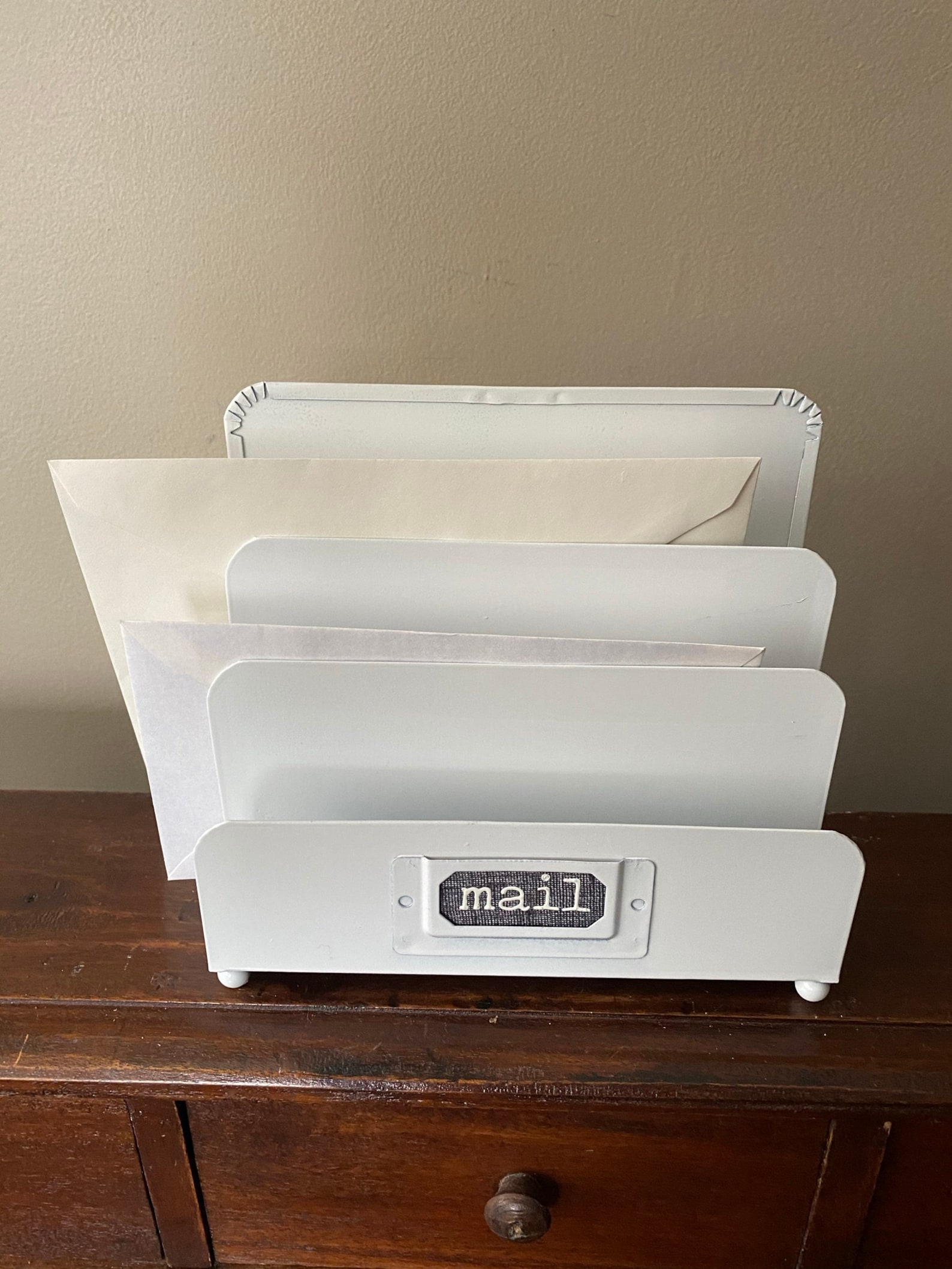 Mail Holder, Small Tin Desk Top Organizer With Denim Fabric Tag and ...