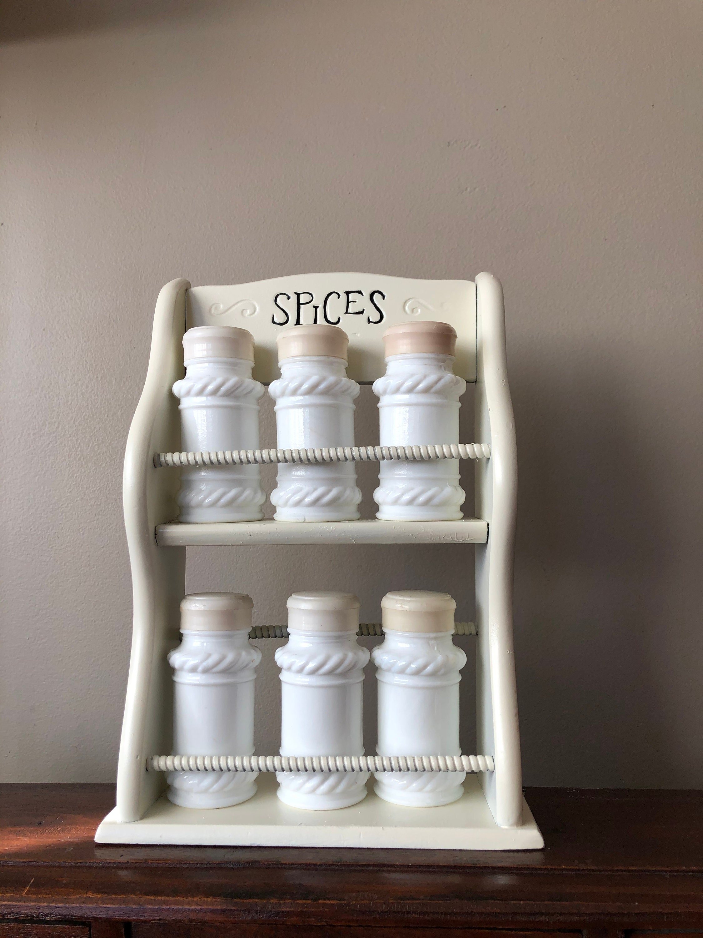 Vintage wood and milk glass spice rack. Upcycled with paint | Etsy