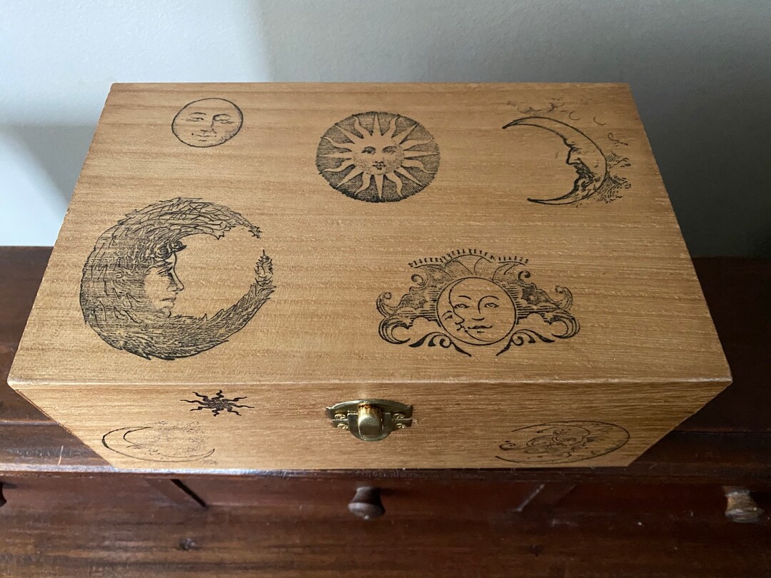 Moon Theme Box. Inexpensive Wood Box Lightly Stained, Stamped and ...