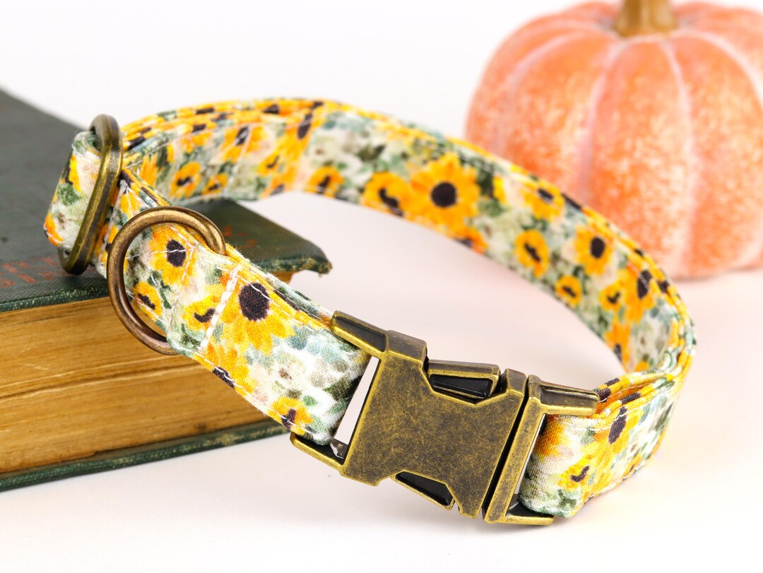 Sunflower Dog Collar / Sunflowers and Leaves / Metal Buckle Hardware ...