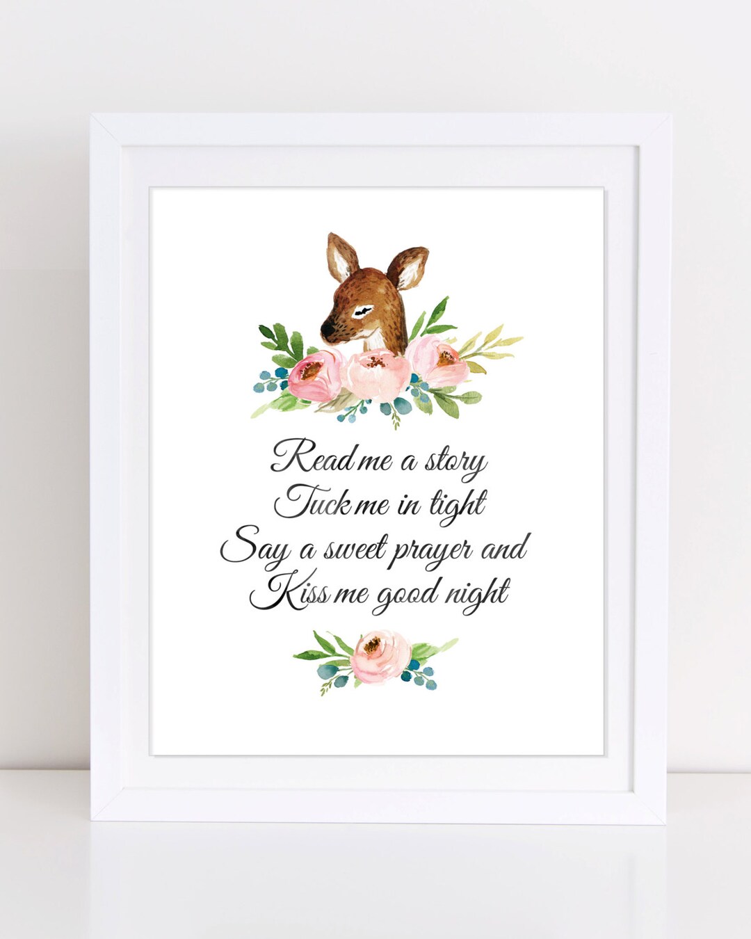 Goodnight Prayer Art Print: Deer Nursery Printable, Watercolor Floral ...