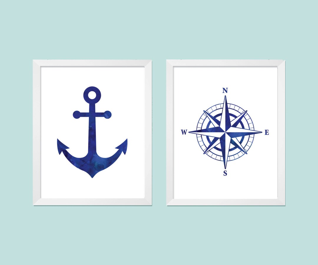 Nautical Anchor & Compass Rose Art Prints: Navy Watercolor (digital ...
