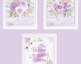 Set of 3 Prints Purple Nursery Watercolor Flowers Shiplap | Etsy