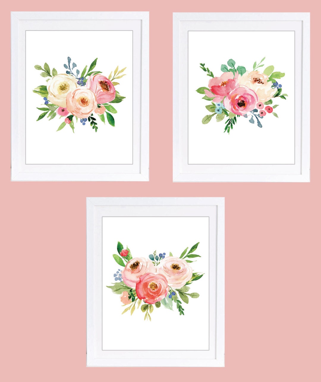 Set of 3 Floral Prints, Floral Nursery Prints, Boho Floral Prints, Rose ...