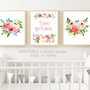 Set of 3 Prints, Pink Floral Wall Art, Your Quote Here, Floral ...