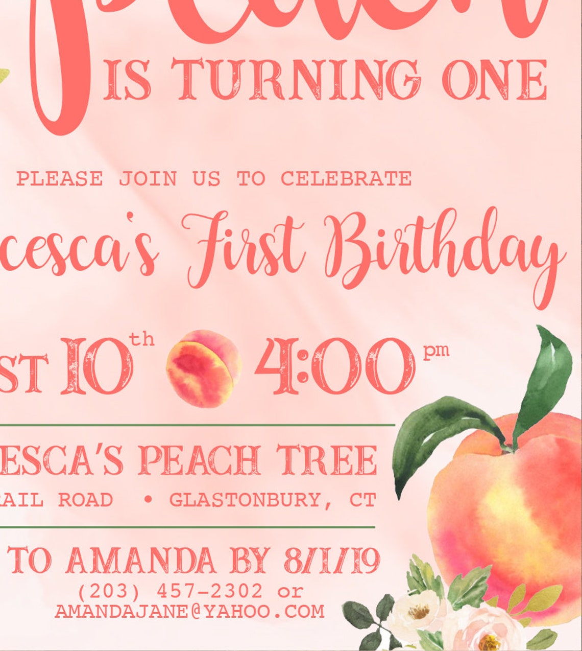 Peach Birthday, Peach Birthday Party, Peach Invitation, Our Little ...