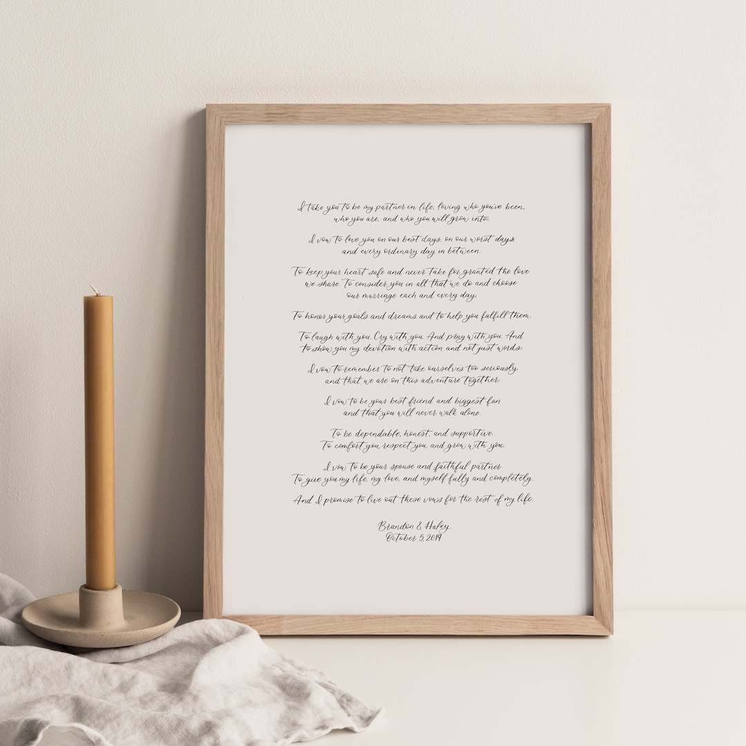 SINGLE Custom Calligraphy Vow // hand Lettered Poem / Personalized Poem ...
