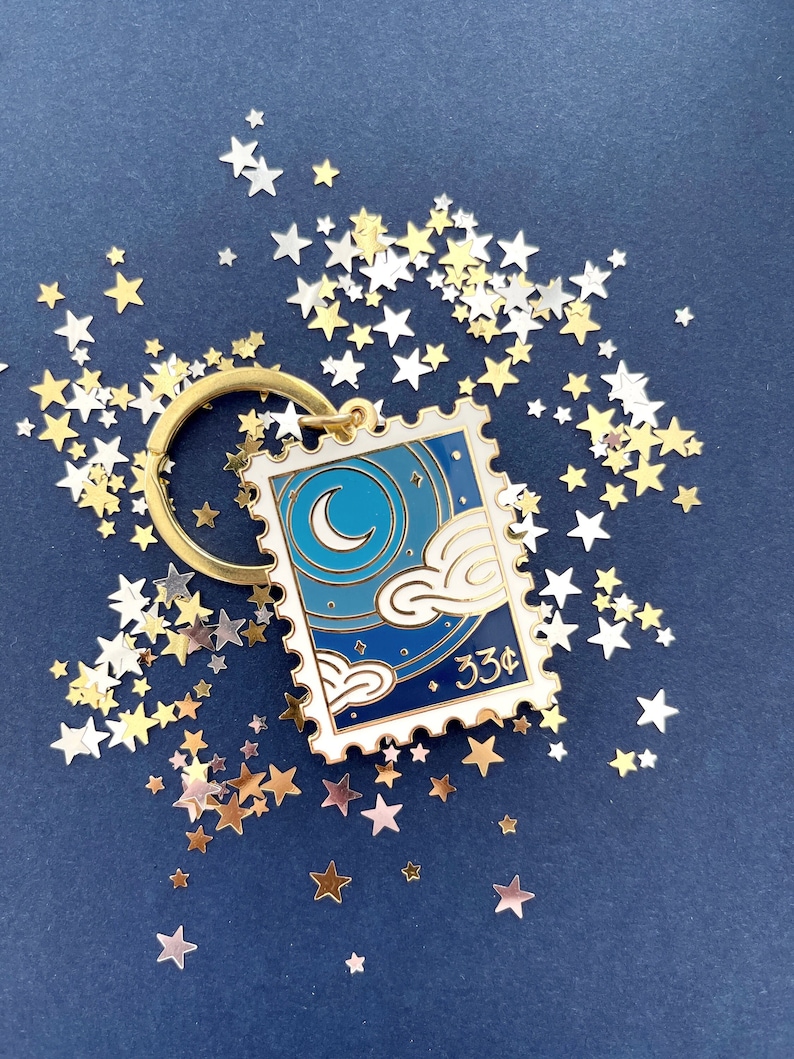 Crescent Sky Stamp Enamel Keychain // Moon Keychain / Postage - Etsy