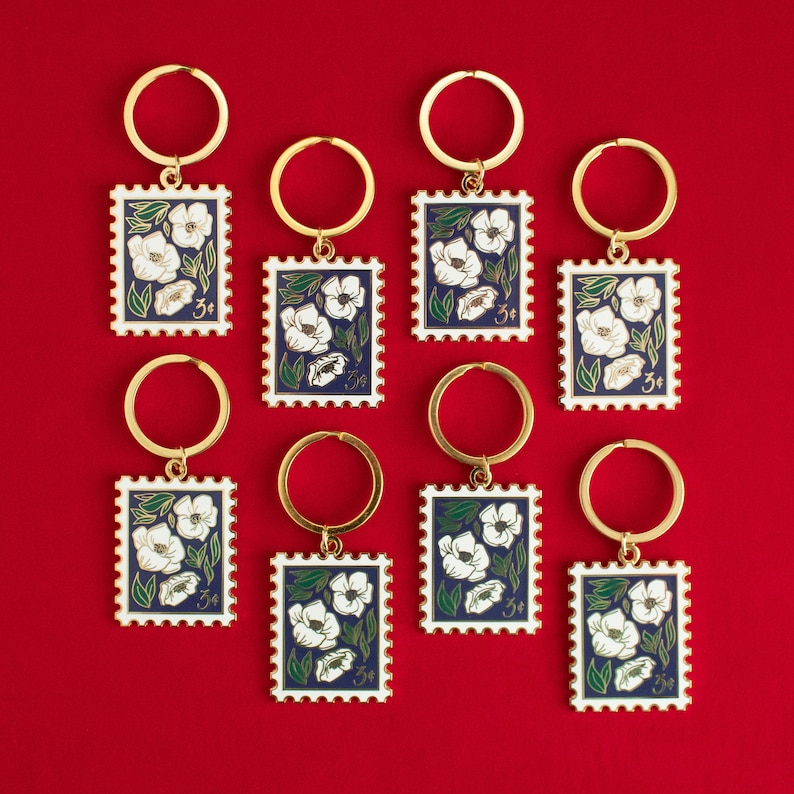 Anemone Postage Stamp Enamel Keychain // Floral Stamp / | Etsy