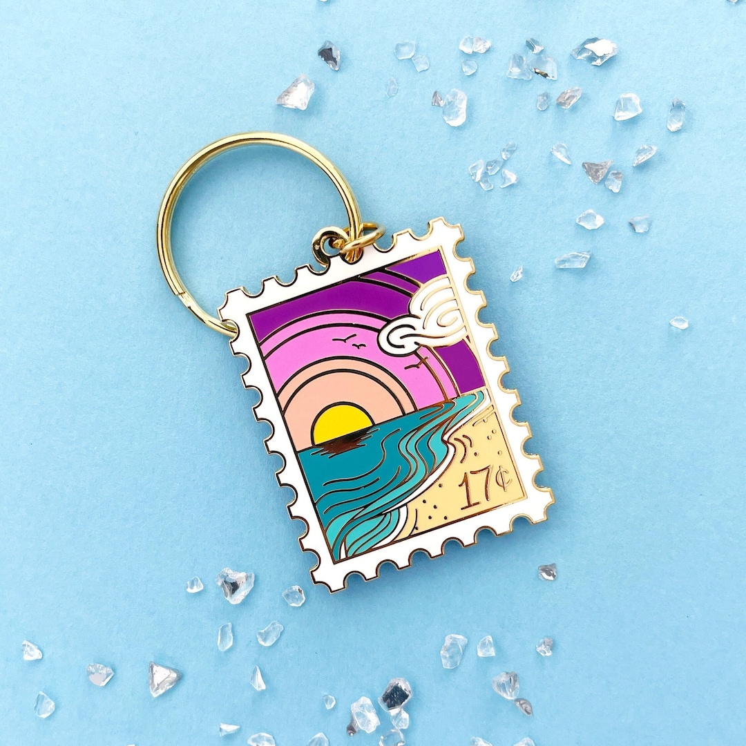 Sunset Shore Stamp Enamel Keychain // Ocean Keychain / Stamp Keychain ...