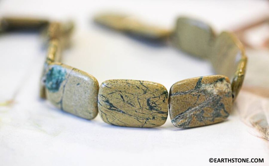 XL/ Green Line Jasper 22x30mm Flat Rectangle Beads 16" Strand Natural ...
