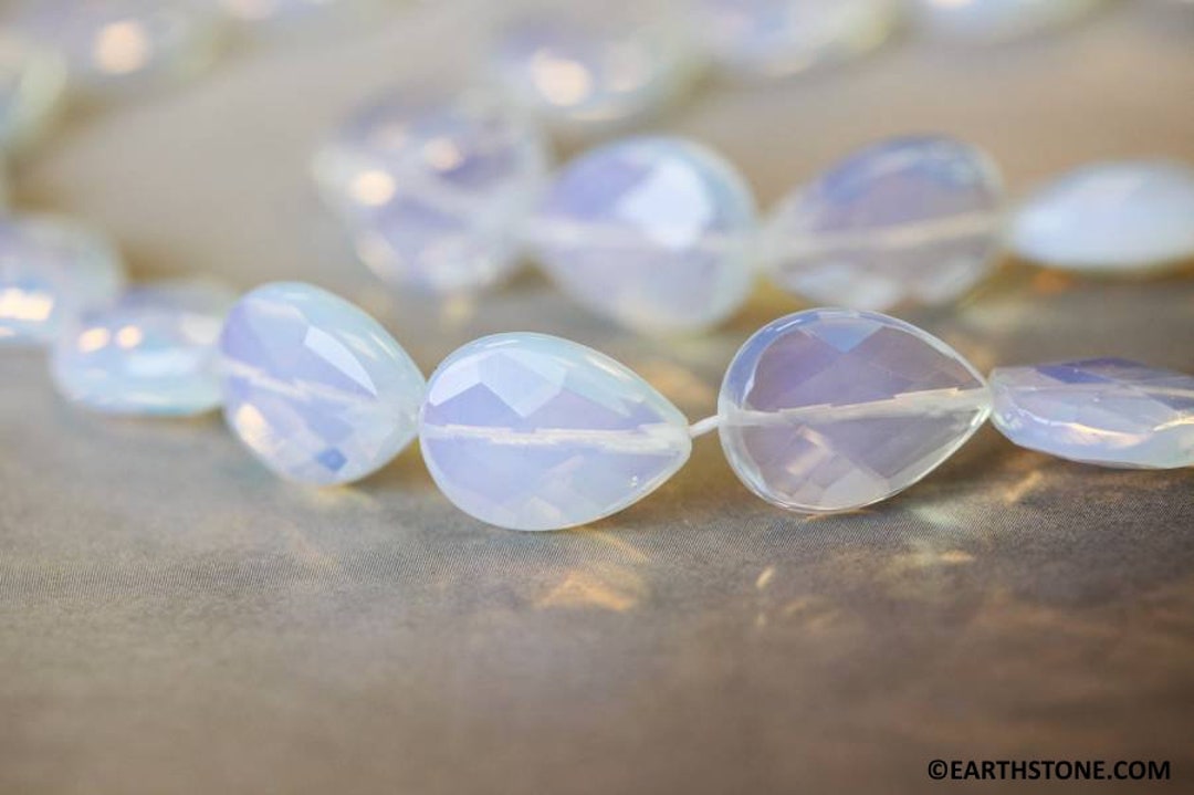 L/ Opalite 15x20mm Faceted Flat Pear Beads 16" Strand Synthetic Milky ...