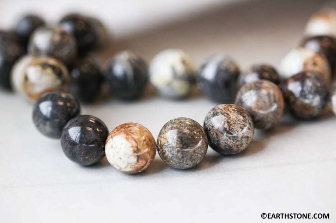 L/ Silver Leaf Jasper 14mm/ 12mm Round Beads 16" Strand Natural Jasper ...