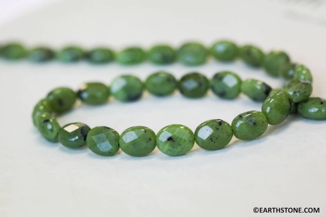 M/ Green Jade 8x10mm Faceted Flat Oval Beads 16" Strand Natural ...