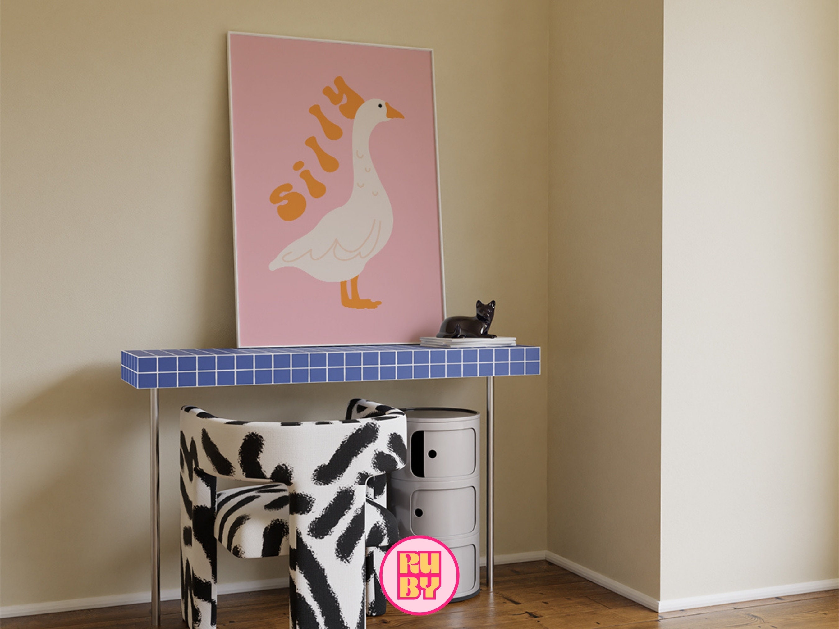 Silly Goose Wall Print: Printable Funny Duck Goose Illustration - Pink ...