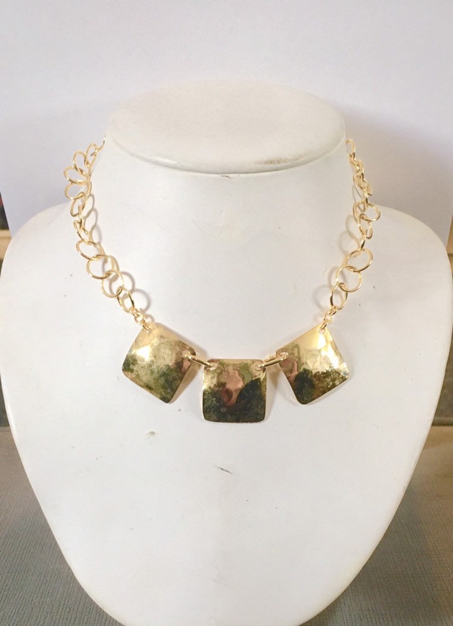 Gold Plated Brass Necklace With 3 Good Plated Brass Squares on a Gold ...