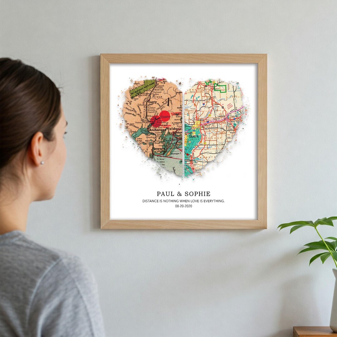 Personalized Heart Map Print, Long Distance Relationship Art ...