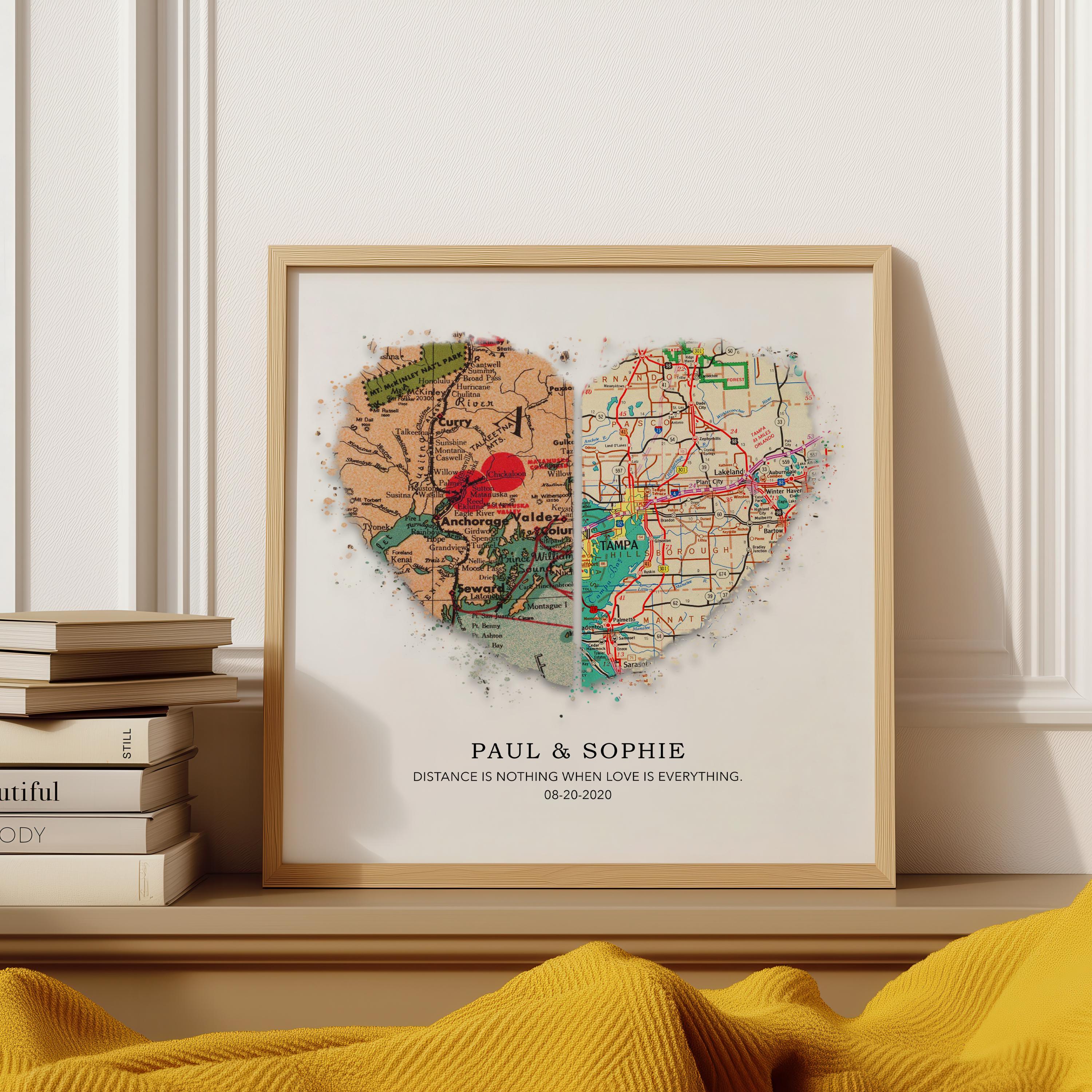 Personalized Heart Map Print, Long Distance Relationship Art ...