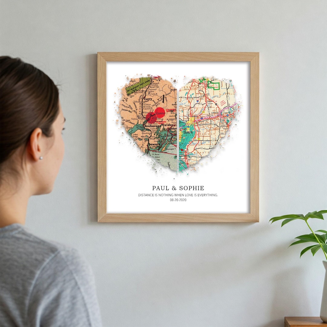 Personalized Long Distance Heart Map Print, Anniversary Gift ...