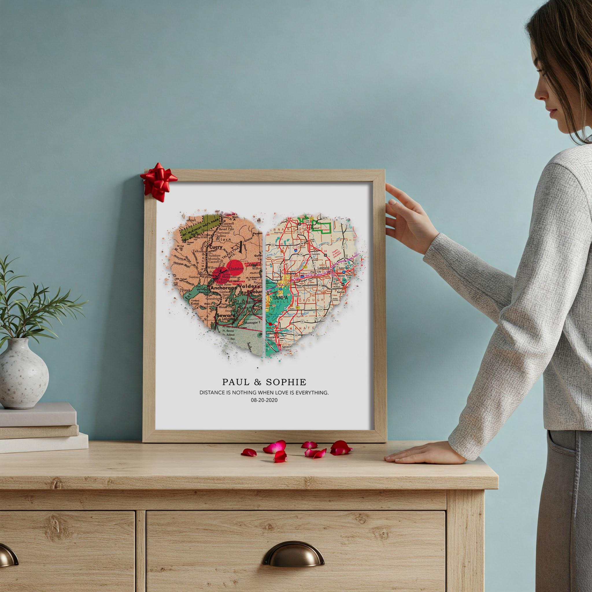 Personalized Heart Map Print, Long Distance Relationship Art ...