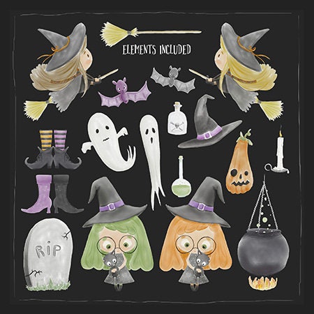 Halloween Clipart Set Halloween Clip Art Watercolor Witch - Etsy