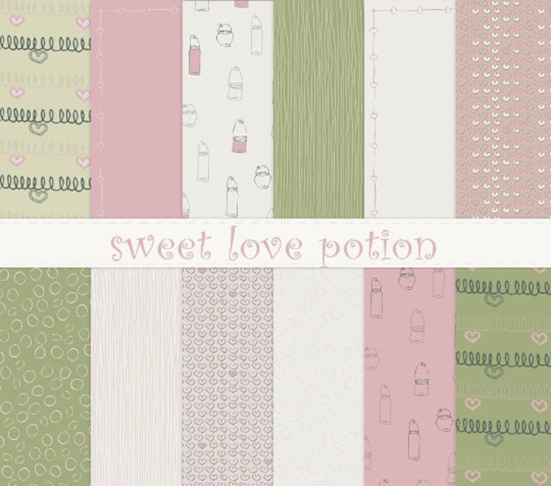 Hand Drawn Digital Paper Set Love Papers Pink Green Light Grey Hand ...