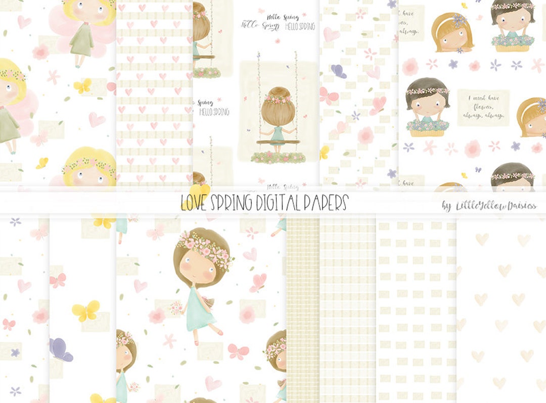 Love Spring Digital Paper-girl Watercolor Digital Paper-pink/beige ...