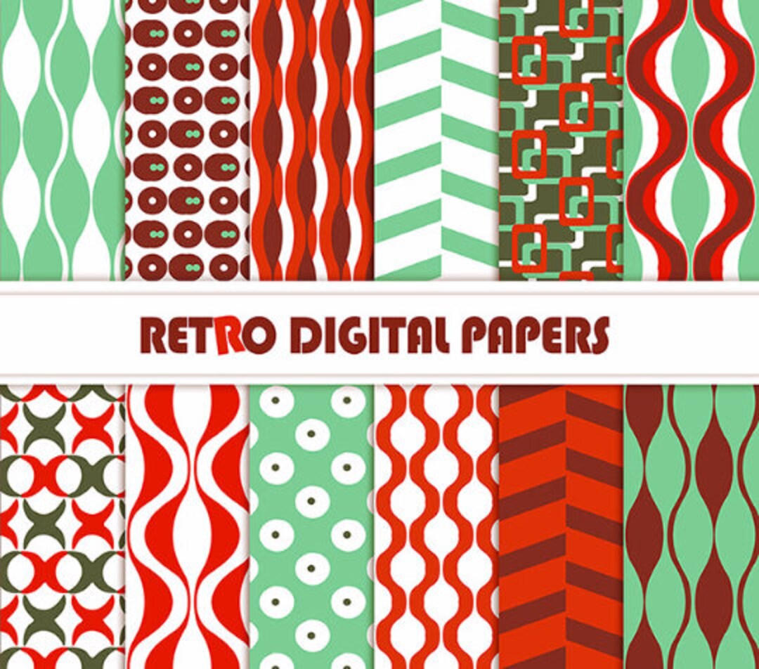 Retro Digital Paper Geometric Patterns Brown Red Aqua - Etsy