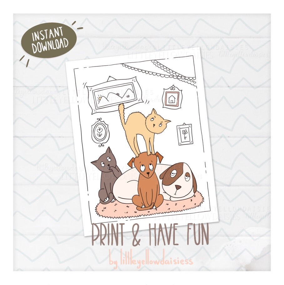 Cats and Dogs Coloring Pages Cute Animals Coloring Book - Etsy