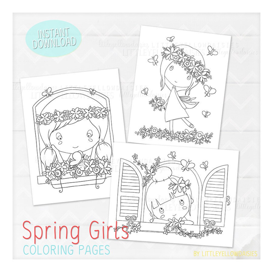 Flower Girls Coloring Pages, Spring Printables, Flowers, Butterflies ...