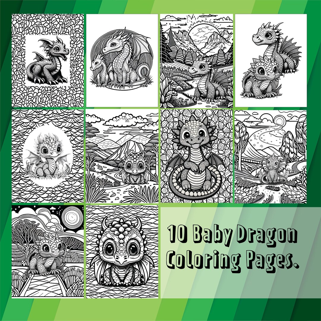 Printable Baby Dragon Coloring Pages Set of 10 Instant Download Adult ...