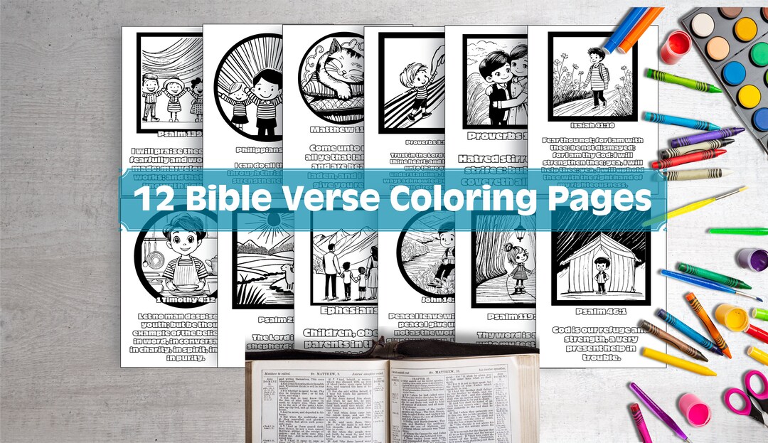 Kids Bible Verse Coloring Pages, Set of 12 Printable Color Sheets ...