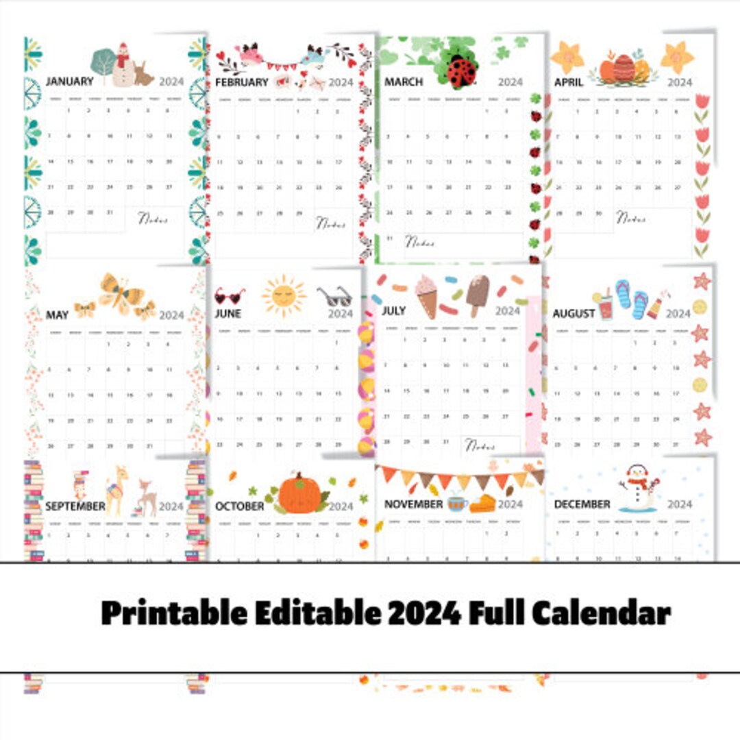 Calendario editable 2024 / Calendario para niños / Calendario de 12 ...