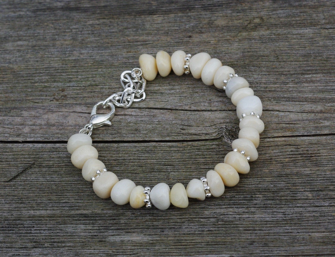 White Jade Bracelet: Irregular Gemstone, Silver Snowflake Beads - Etsy