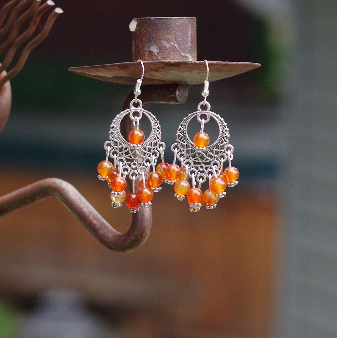 Carnelian Chandelier Earrings: Boho Sunset Orange Gemstone, Sterling ...