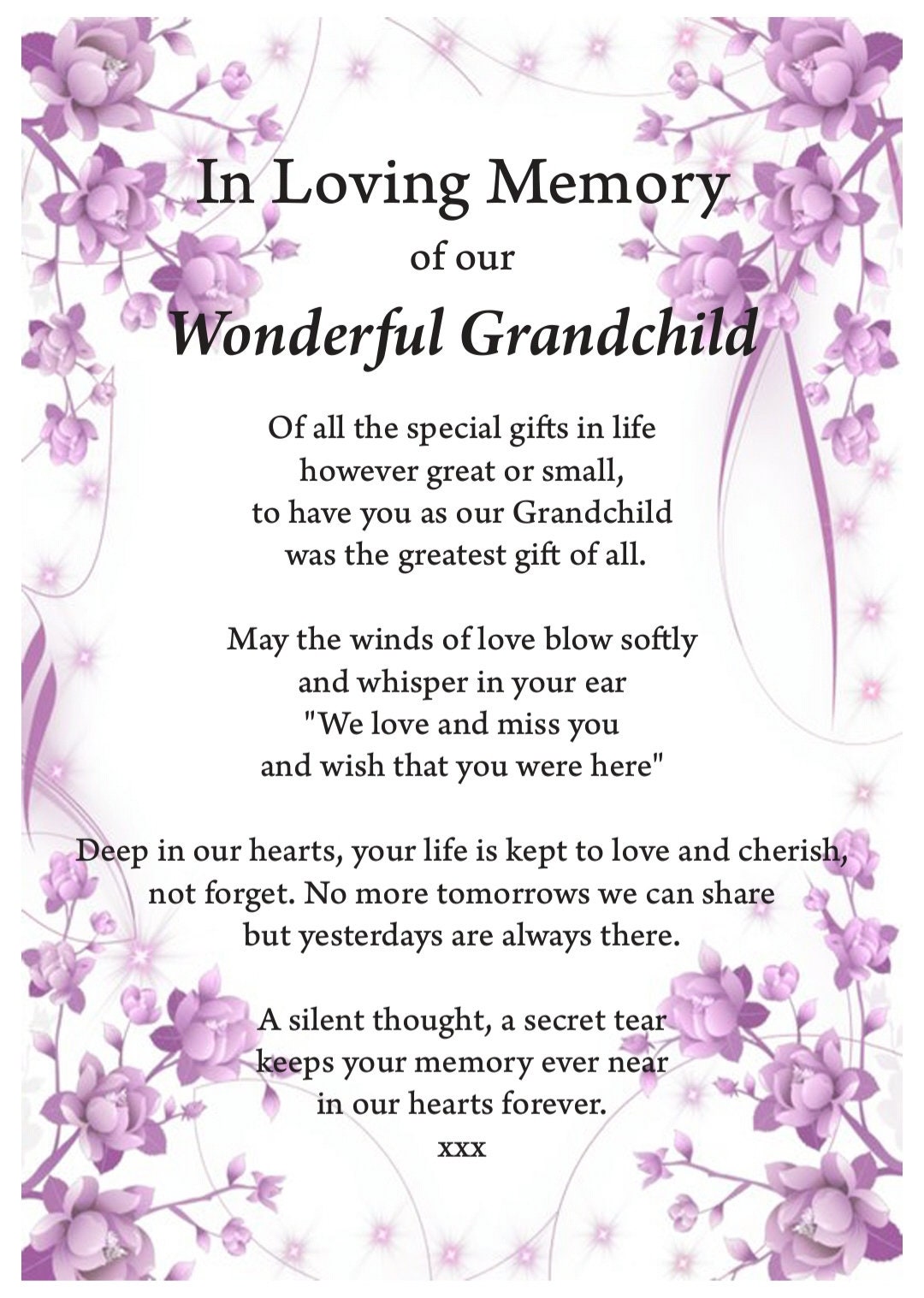 Grandchild in Loving Memory Print, Funeral Poem, Missing You ...