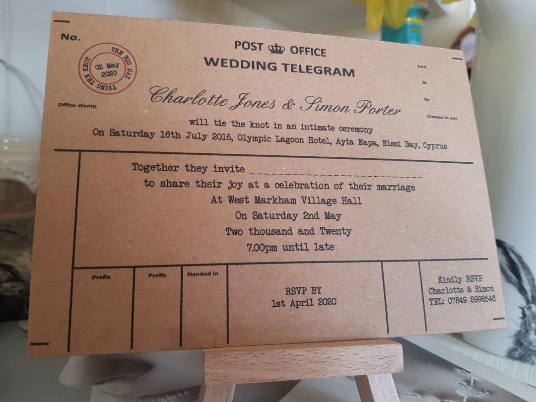 Wedding Telegram, Kraft Card Invitation, Vintage Wedding, Invite ...